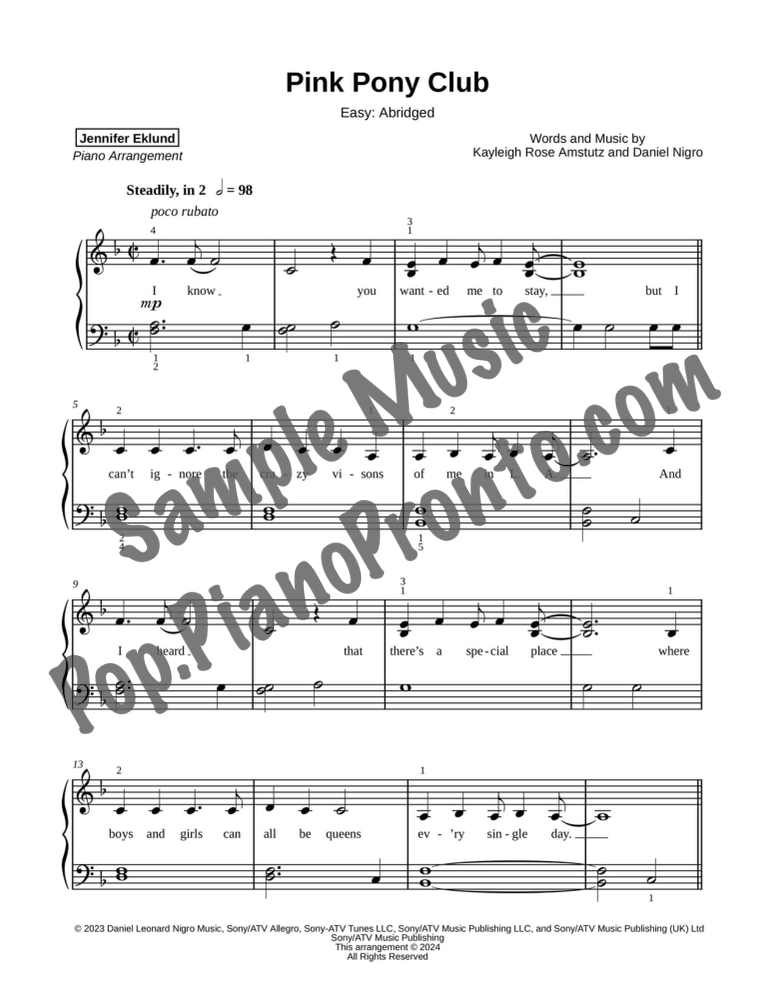 Pink Pony Club (Easy Piano) By Chappell Roan - F.M. Sheet Music - Pop Arrangements by Jennifer ...